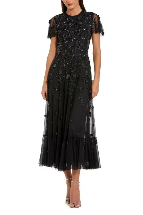 Mac Duggal Embellished High Neck Cap Sleeve A-line Gown - Black