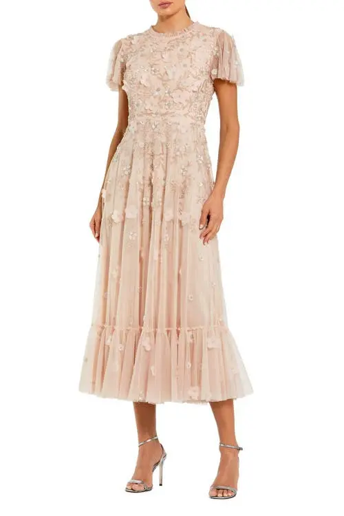 Mac Duggal Embellished High Neck Cap Sleeve A-line Gown - Blush