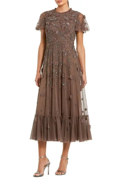 Mac Duggal Embellished High Neck Cap Sleeve A-line Gown - Chocolate