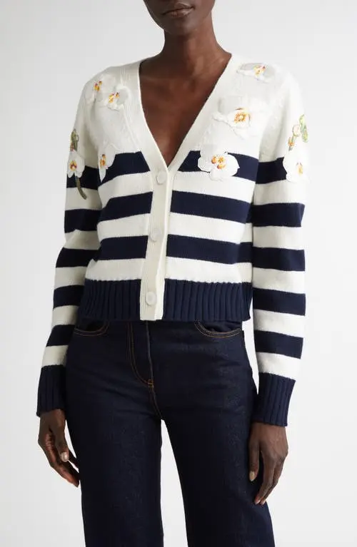 Oscar De La Renta Embroidered Orchid Stripe Wool Cardigan