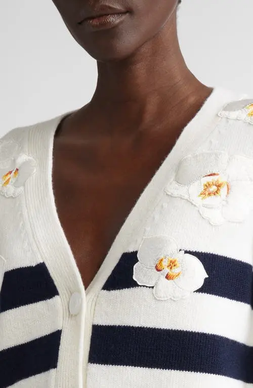 Oscar De La Renta Embroidered Orchid Stripe Wool Cardigan