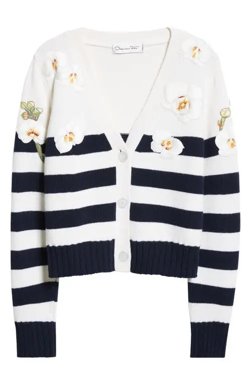 Oscar De La Renta Embroidered Orchid Stripe Wool Cardigan