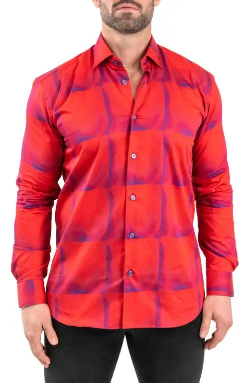 MACEOO Fibonacci Tile Print Contemporary Fit Button-up Shirt - Red