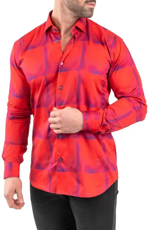 MACEOO Fibonacci Tile Print Contemporary Fit Button-up Shirt - Red