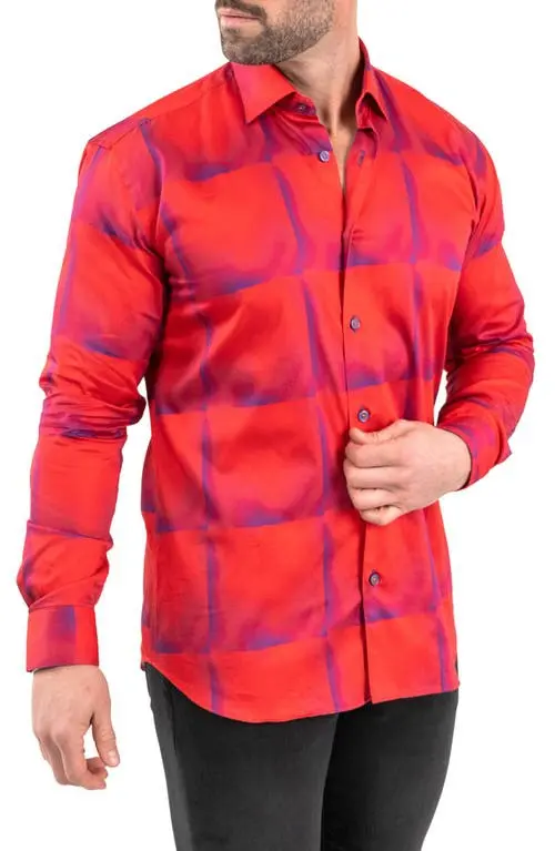 MACEOO Fibonacci Tile Print Contemporary Fit Button-up Shirt - Red