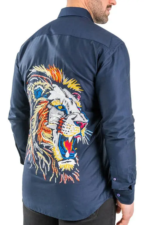 MACEOO Fibonacci Lion Embroidered Contemporary Fit Button-up Shirt - Blue