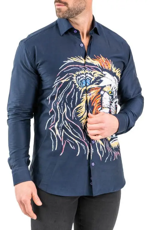 MACEOO Fibonacci Lion Embroidered Contemporary Fit Button-up Shirt - Blue