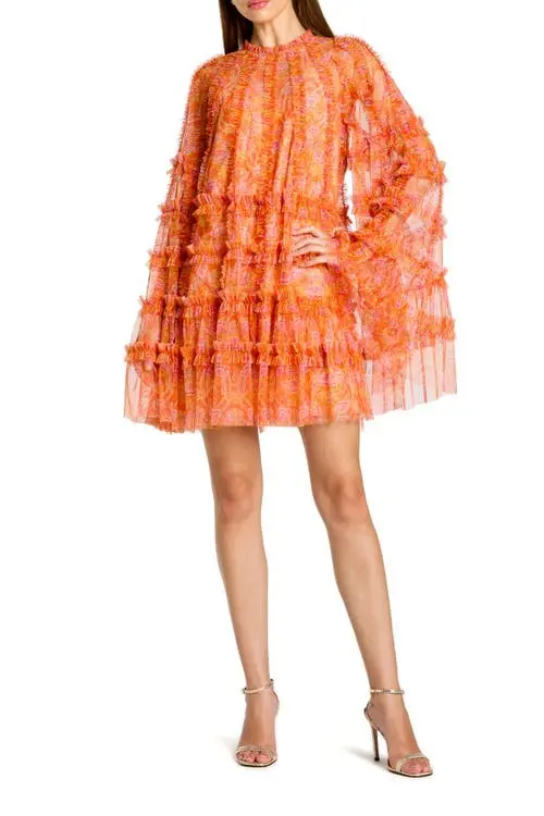Mac Duggal Floral Print Ruffled Mesh Mini Dress - Mango Multi