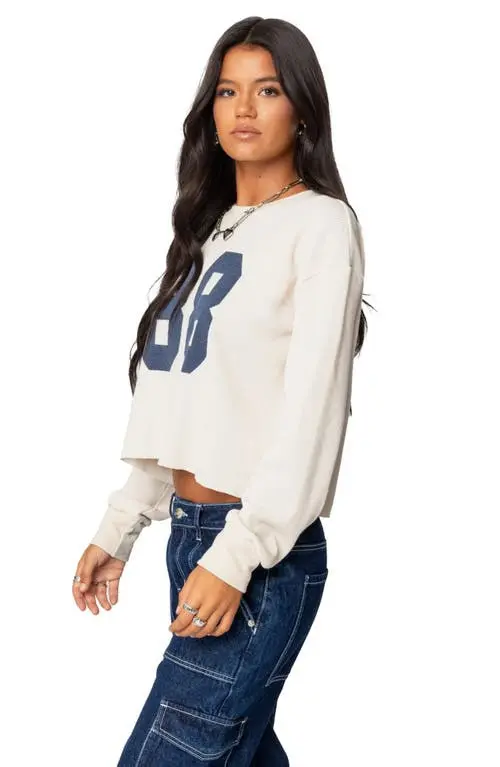 EDIKTED 88 Crop Long Sleeve Waffle Knit Top - Cream