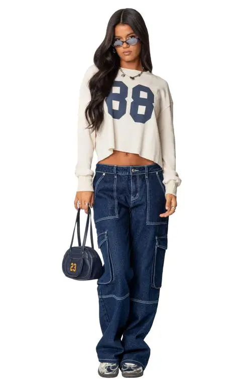 EDIKTED 88 Crop Long Sleeve Waffle Knit Top - Cream