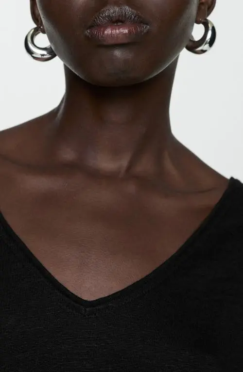 Mango V-neck Linen T-shirt - Black