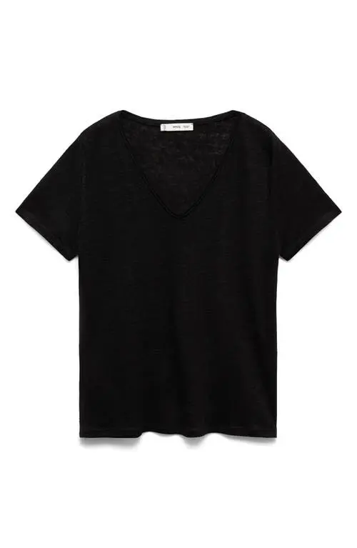 Mango V-neck Linen T-shirt - Black