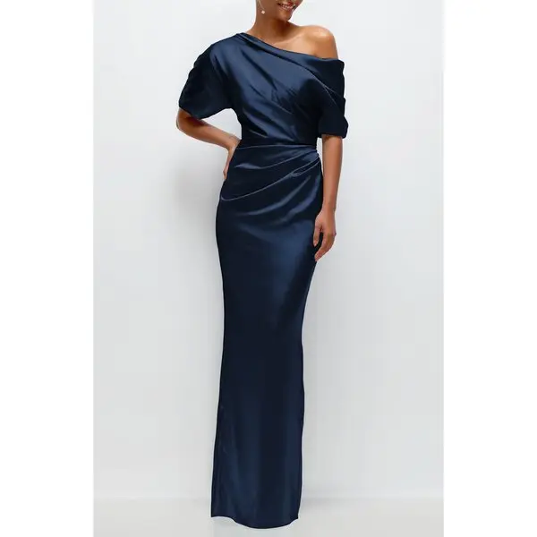 After Six Ruched One-shoulder Satin Gown - Midnight