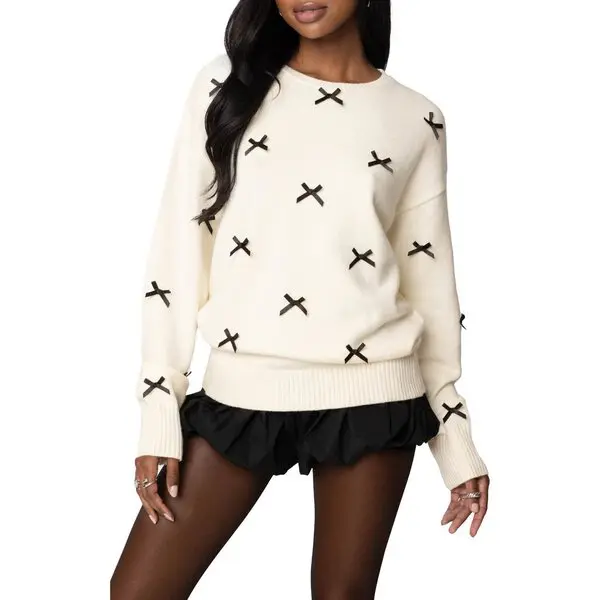 EDIKTED Satin Bow Oversized Sweater - Cream