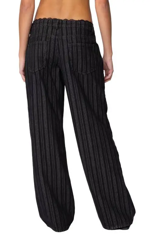 EDIKTED Stripe Lace Trim Wide Leg Jeans - Black