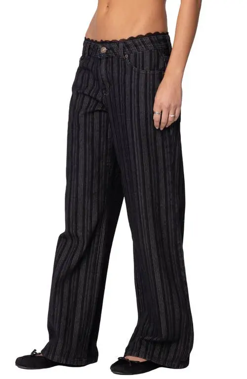 EDIKTED Stripe Lace Trim Wide Leg Jeans - Black