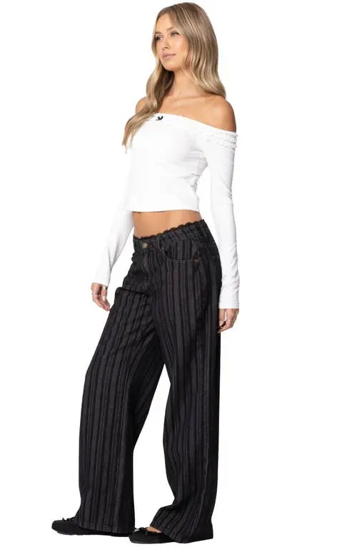 EDIKTED Stripe Lace Trim Wide Leg Jeans - Black