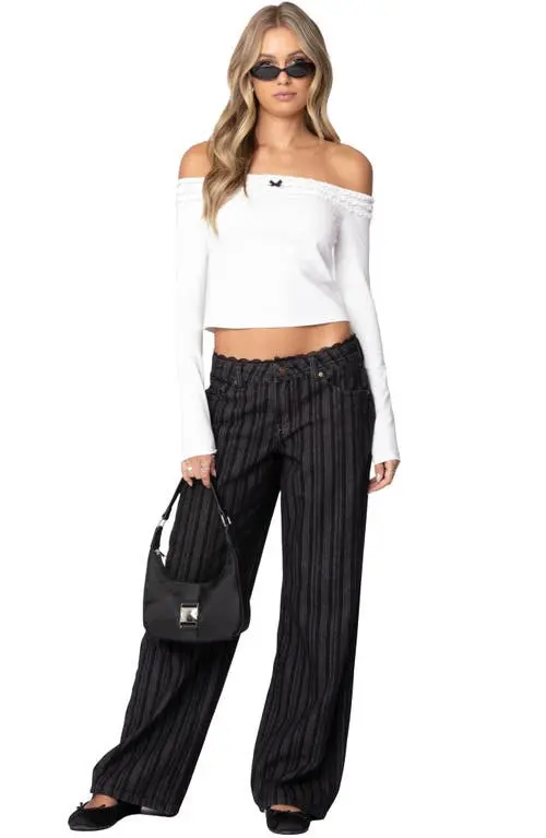 EDIKTED Stripe Lace Trim Wide Leg Jeans - Black
