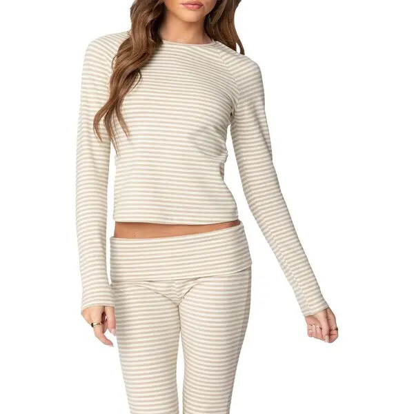 EDIKTED Kaeli Stripe Long Sleeve T-shirt - Beige