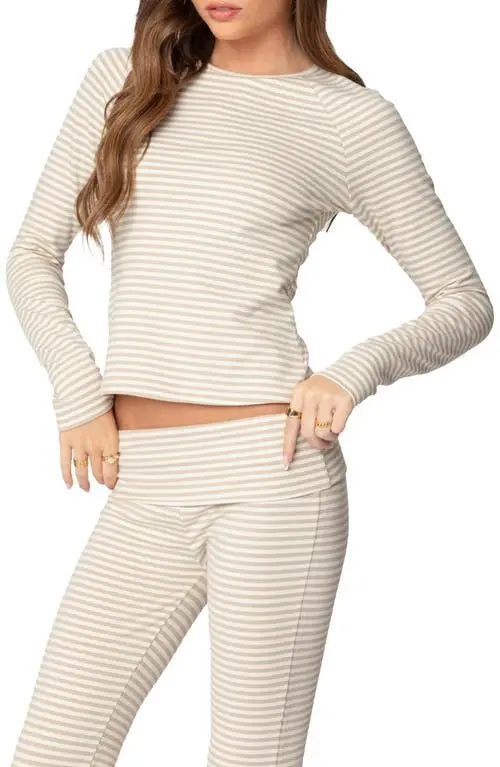 EDIKTED Kaeli Stripe Long Sleeve T-shirt - Beige