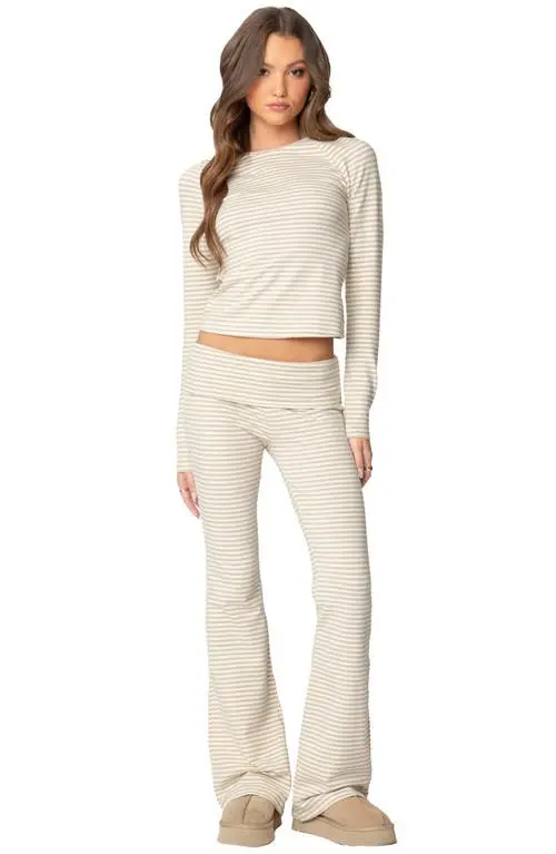 EDIKTED Kaeli Stripe Long Sleeve T-shirt - Beige
