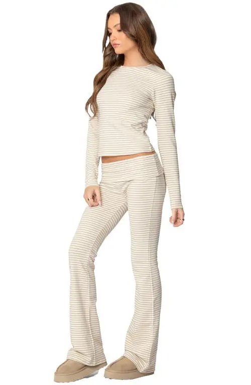 EDIKTED Kaeli Stripe Long Sleeve T-shirt - Beige