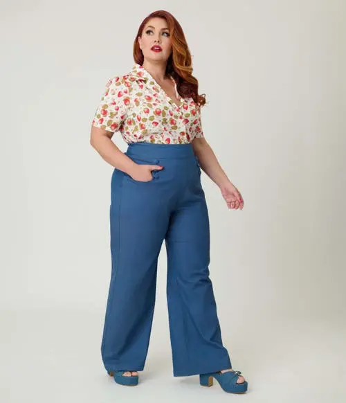 Unique Vintage 1940s Wide Leg Pants - Blue Chambray