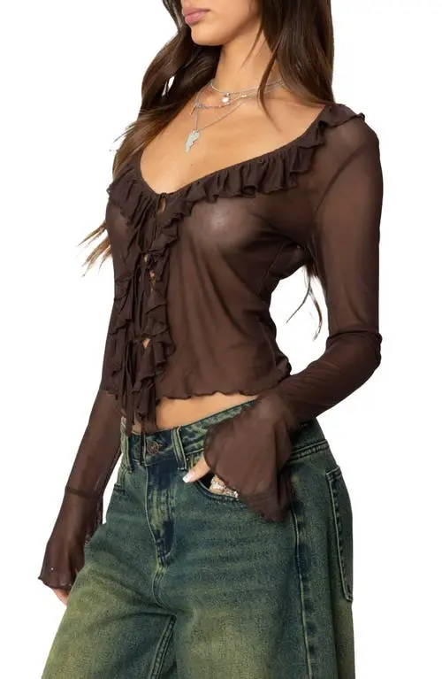 EDIKTED Sheer Mesh Ruffle Top - Brown