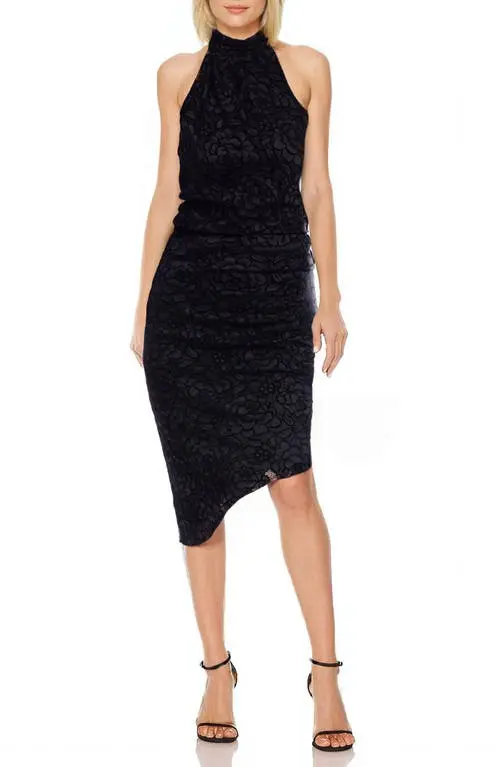 Badgley Mischka Stretch Lace Asymmetric Body-con Cocktail Dress - Black