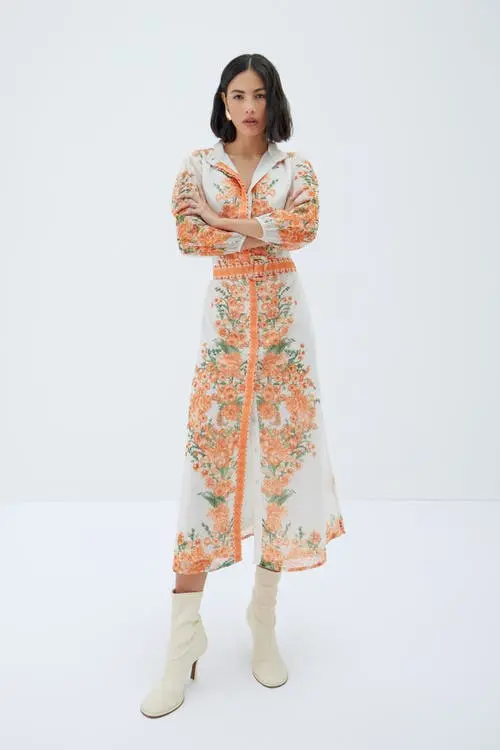 RAISHMA Floral Print Midi Dress - Orange