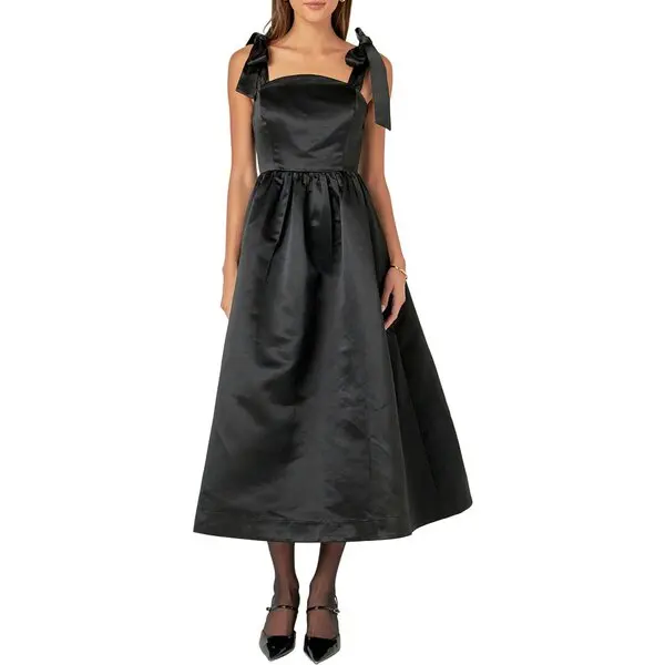English Factory Bow Strap Satin Midi Dress - Black