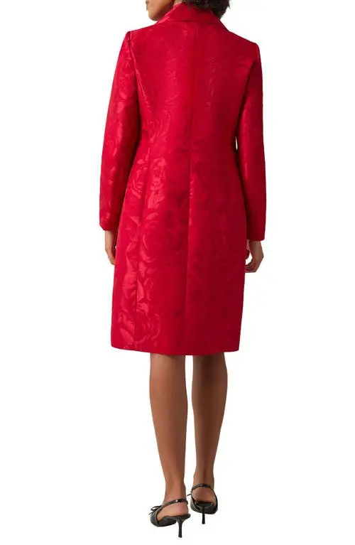 Kasper Floral Jacquard Long Jacket In Fire Red 50% Off