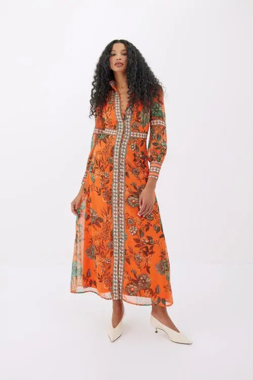 RAISHMA Floral Print Maxi Dress - Orange