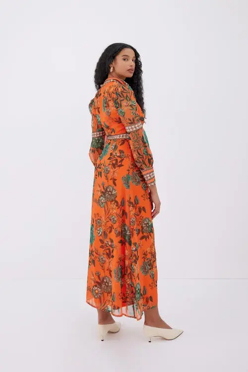 RAISHMA Floral Print Maxi Dress - Orange