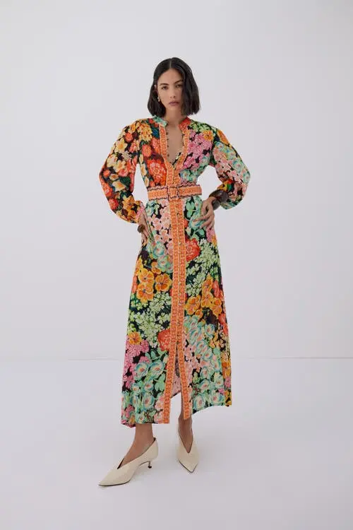 RAISHMA Amara Floral Printed Midi Dress - Black