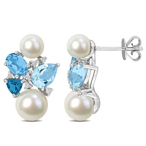 JULIANNA B. Pearl, Blue Topaz And Diamond 14k Earrings - White Gold