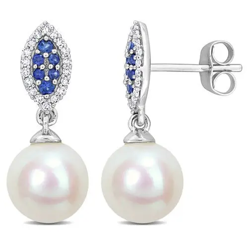 JULIANNA B. 14k Gold Pearl Gemstone & Diamond Drop Earrings - Blue Sapphire