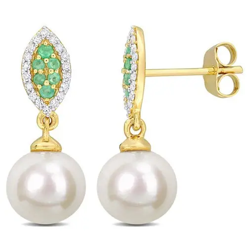 JULIANNA B. 14k Gold Pearl Gemstone & Diamond Drop Earrings - Emerald