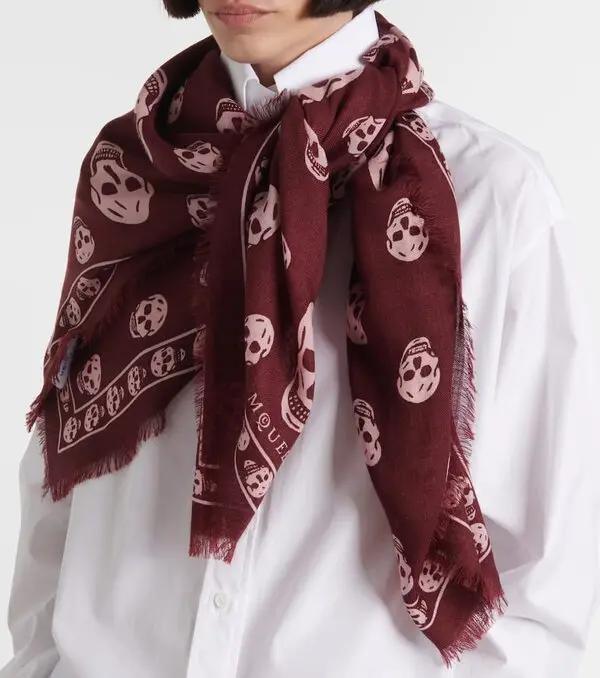 Alexander Mcqueen Skull Fringed Silk Scarf - Burgundy | Editorialist