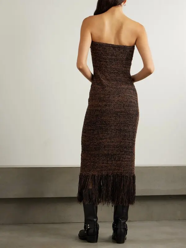 FRAME Strapless Fringed Bouclé Midi Dress