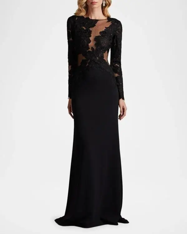 Tadashi Shoji Embroidered Floral Illusion Gown - Blacknude