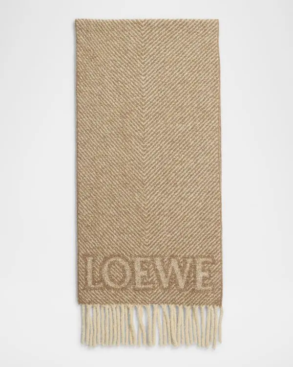 Loewe Logo Fringe Wool-blend Scarf - Beige/ecru