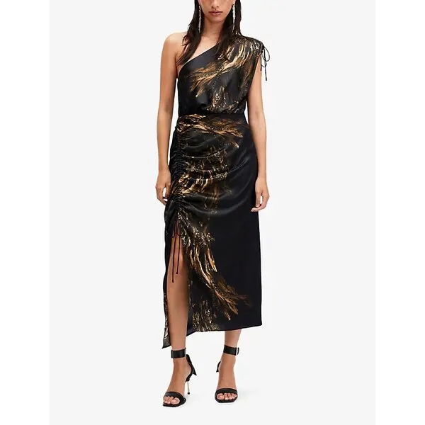 Allsaints Laura Feather-Print Silk-Blend Maxi Dress In Charm Black - 52%  Off | Editorialist