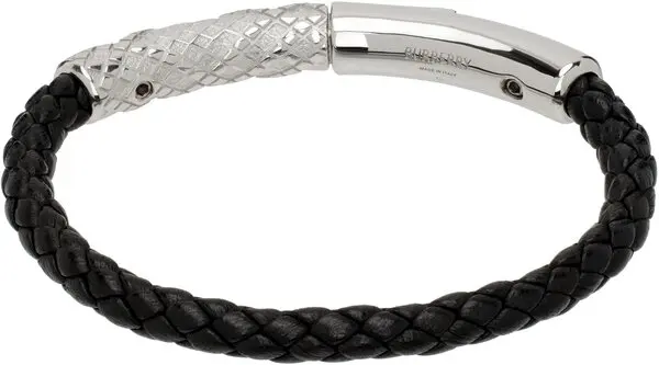 Burberry Check Leather Bracelet Silver/Black 40% Off