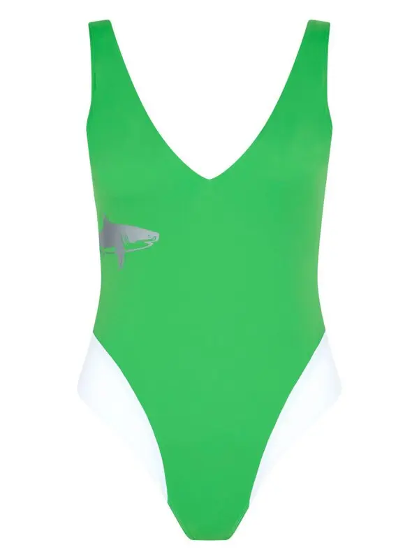 LET'S SWIM Plunging V-neck Shark-print Swimsuit - Green