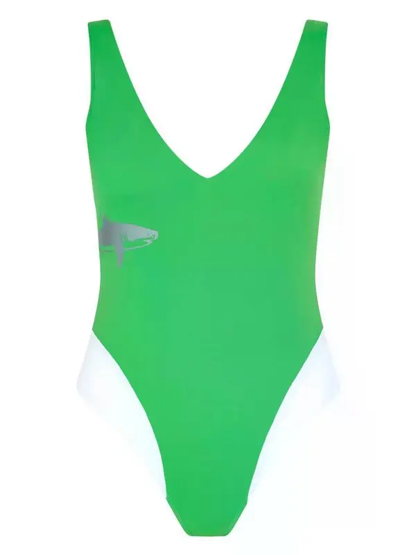 LET'S SWIM Plunging V-neck Shark-print Swimsuit - Green