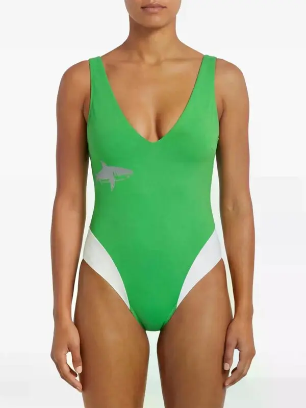 LET'S SWIM Plunging V-neck Shark-print Swimsuit - Green