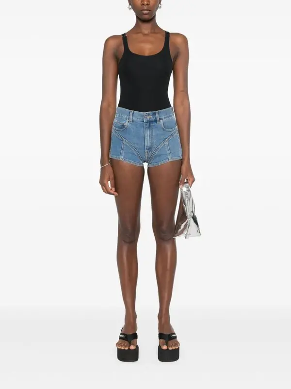 MUGLER Bi-material Denim Shorts - Blue