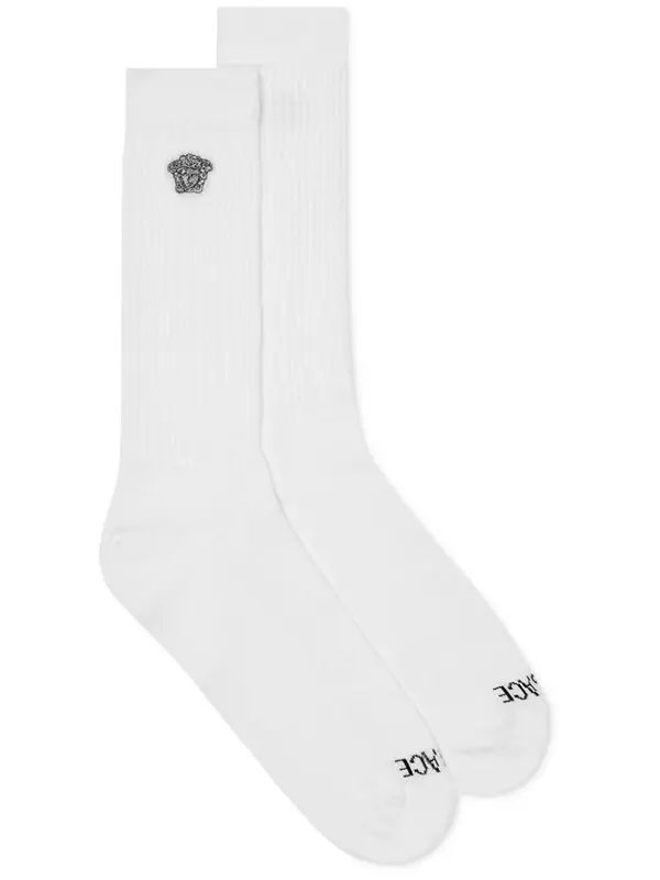 Versace Medusa Embroidered Ribbed Socks - White