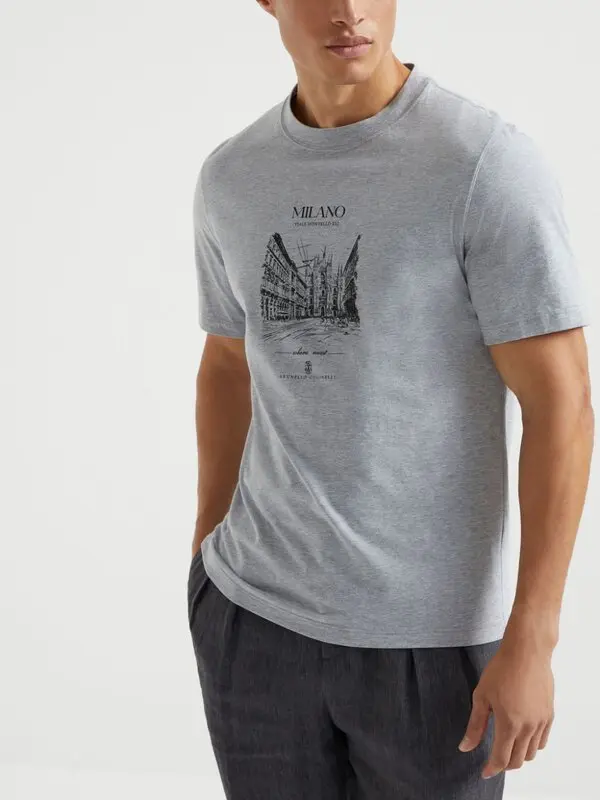 Brunello Cucinelli Cotton Milano Graphic Print T-Shirt In Grey
